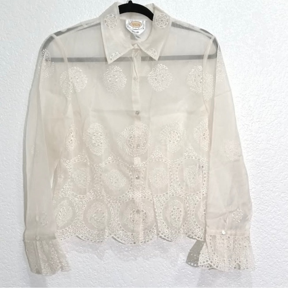 Talbots Vintage Sheer Silk Lace Eyelet Cut Out Button… - Gem